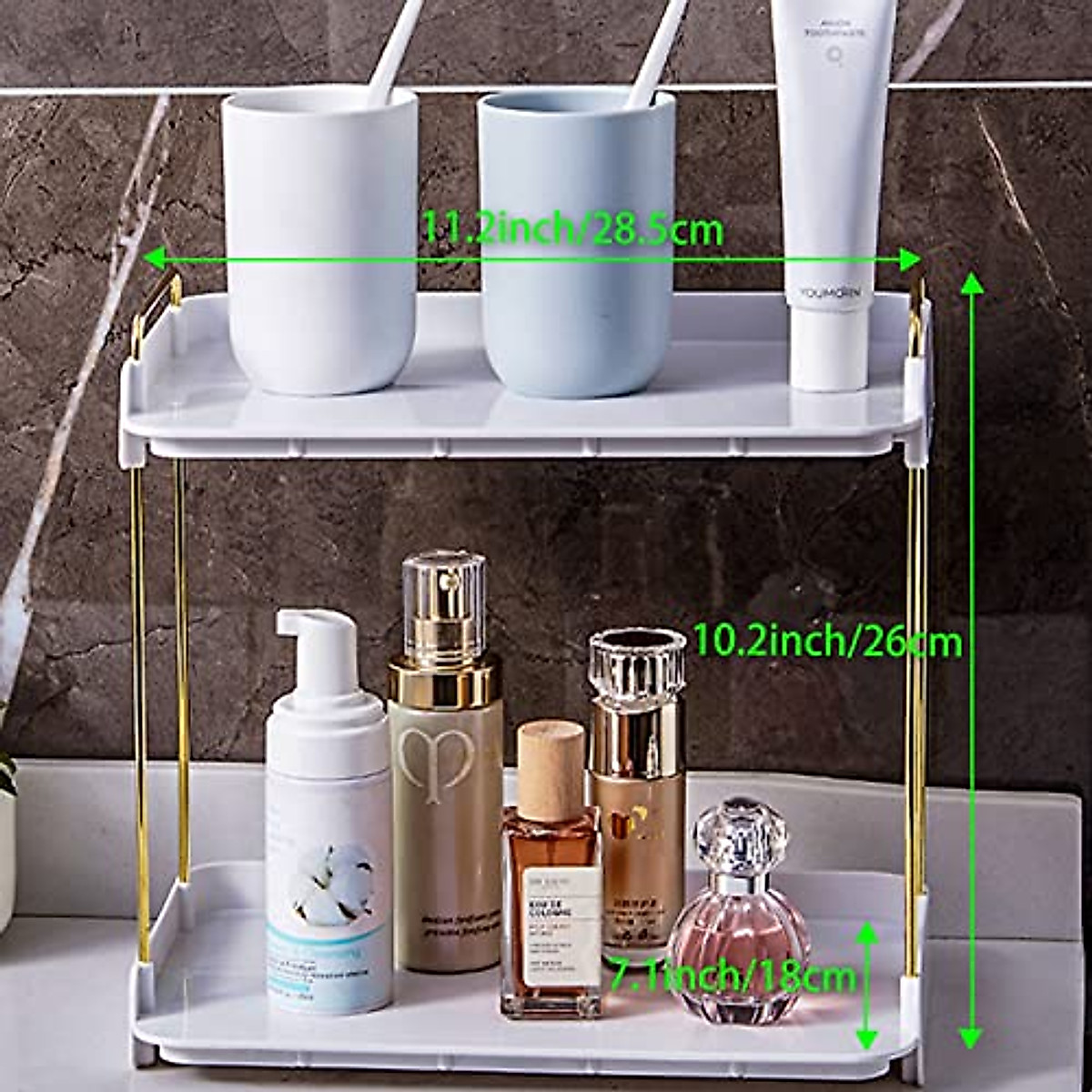 Bathroom Counter Organizer, Perfume Organizer, Kitchen Countertop Storage Tray, Makeup Organizer for Vanity, Spice Rack (2 Tier White Gold)