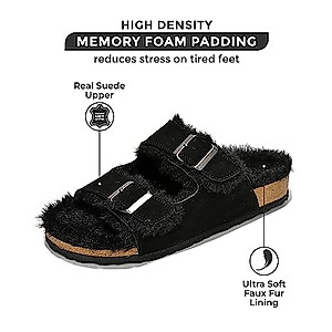 Project Cloud Genuine Suede House Slippers for women - Cozy Womens Sandals Shearling Fur Lining Slides for Women Footwear - Adjustable Straps Sandals for Women 2025 (Dianea, Black, 7)