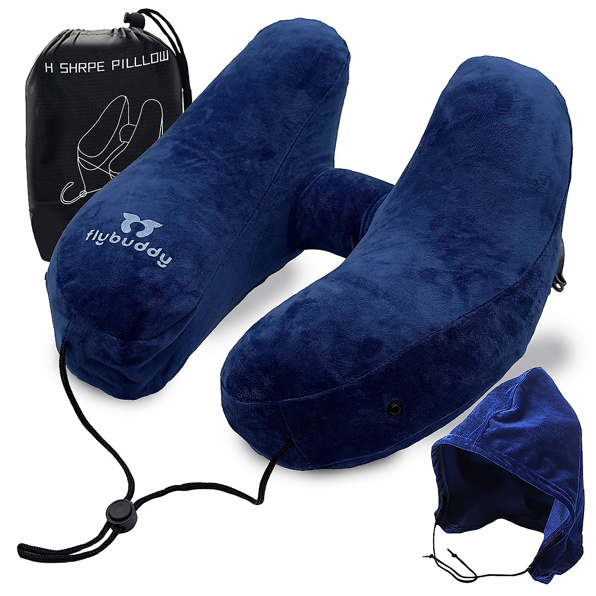 flybuddy Inflatable Neck Pillow for Traveling, Turtle Neck Pillow for Airplane Travel w/Travel Bag & Hood - Soft Microfiber Neck Pillow, Travel Accessory - Quickly Inflate in Seconds (Blue)