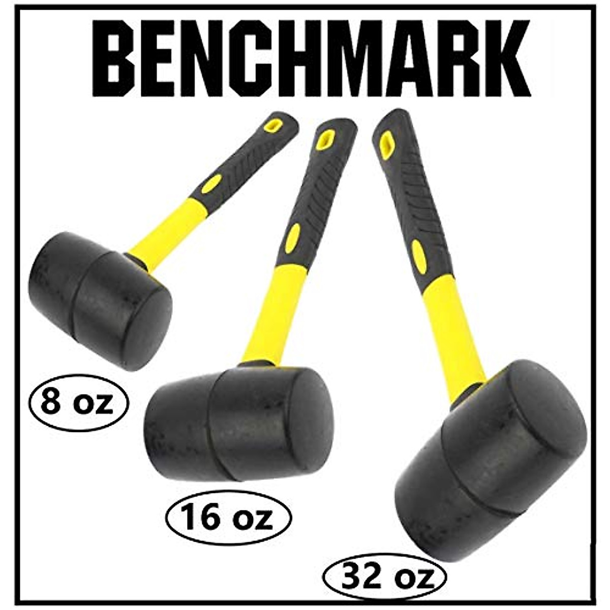 Benchmark - Rubber Mallet Set - 3 Sizes (8 oz, 16 oz, 32 oz) - Durable Low Recoil Rubber Mallet Heads with Sure Grip Fiberglass and Rubber Handles
