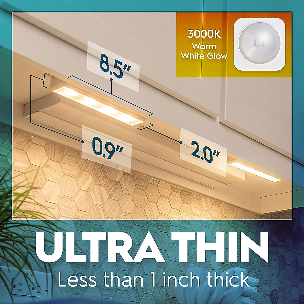 Brilliant Evolution Wireless LED Under Counter Lights with 2 Remote Controls - 6-Pack Battery Operated Under Cabinet Lighting Fixtures - Stick On Push Lights with Timer - Warm White, 8.5x2x1-Inch