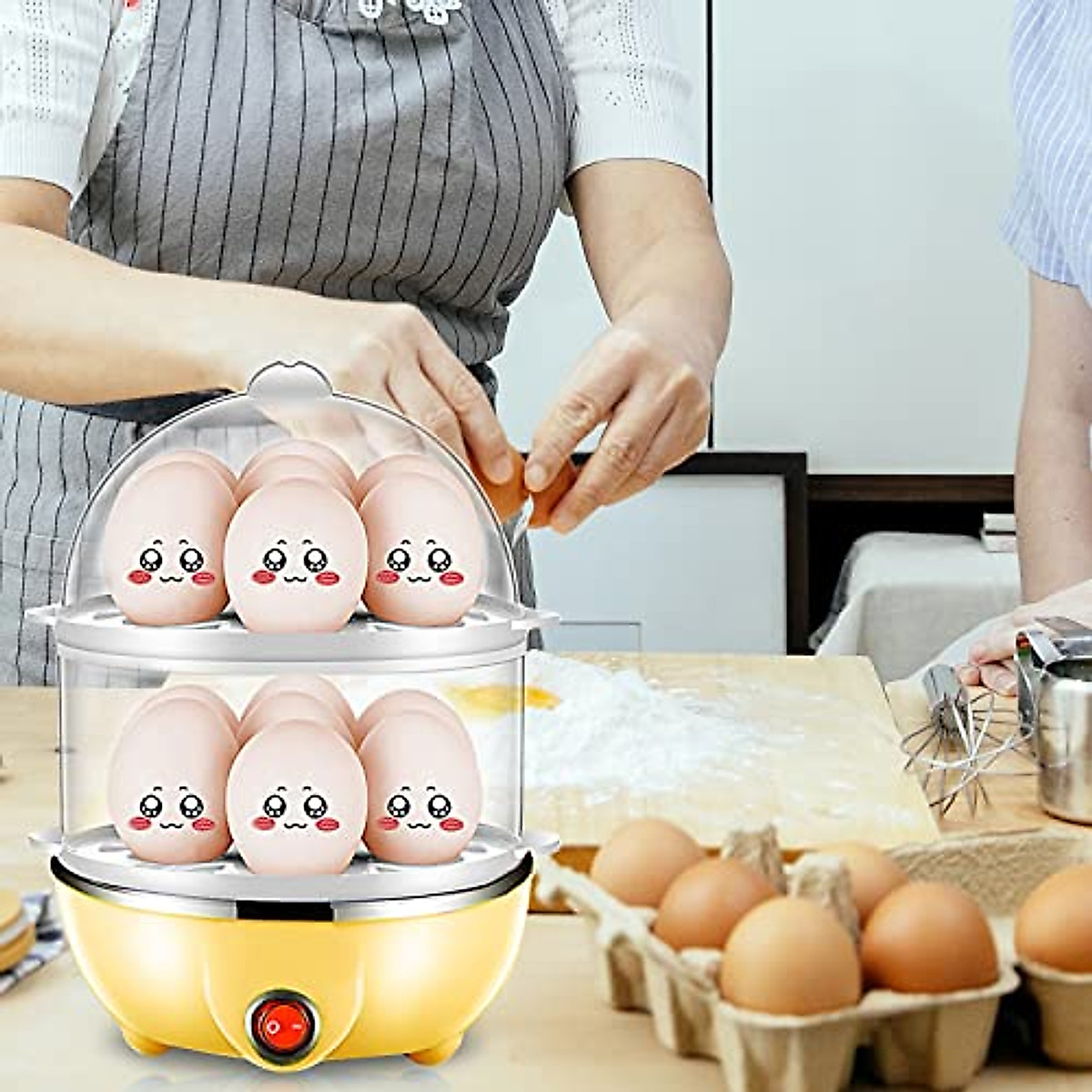 Decdeal Egg Cooker, Double Layer Egg Boiler 14 Egg Capacity, Hard Boiled Egg Cooker Anti-Dry Electric Food Steamer with 40mL Measuring Cup