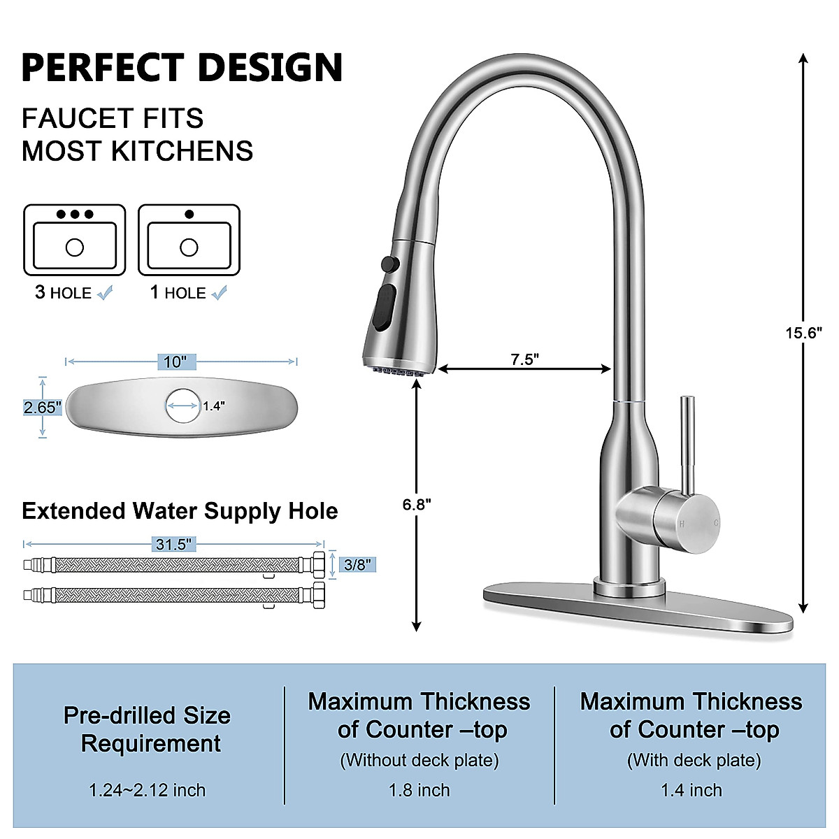 Homikit Kitchen Sink Faucet Brushed Nickel with Pull Down Sprayer, 304 Stainless Steel Kitchen Faucets with Deck Plate for 1 or 3 Hole, High Arc Commercial Faucet for Farmhouse Laundry Utility Rv Bar