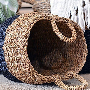 WHW Whole House Worlds Cape Cod Seagrass Baskets, Set of 3, Paint Dipped, Chunky Weave, Nautical Gray, Natural, Barrel Belly, Top Handles, 15.75, 13.75, and 11.75 Inches Tall