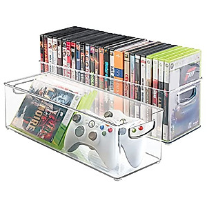 mDesign Plastic Video Game Organizer - Game Storage Holder Bin with Handles for Media Console Stand, Closet Shelf, Cabinets, Tower, and Bookshelves - Holds Disc, Video Games, Head Sets - 2 Pack, Clear
