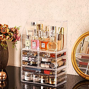 Cq acrylic Cosmetic Display Cases With LId Dustproof Waterproof for Bathroom Countertop Stackable Clear Makeup Organizer and Storage With 7 Drawers,Set of 3