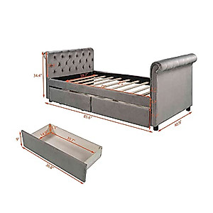 ATY Twin Size Daybed with Two Storage Drawers, Upholstered Sofa Bed Bedframe w/Wood Slat Support, No Box Spring Needed, for Bedroom, Guestroom, Save Space, Gray