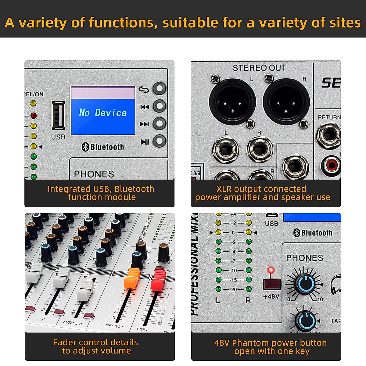 SENWOSI MT-8 8-Channel Sound Board Mixer Amplifier Mixing Console USB Bluetooth Audio Interface Microphone Preamplifier Phantom Power 3 band EQ Steel Chassis DJ Studio Music production