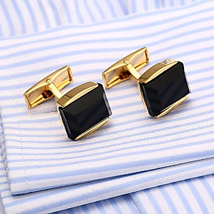 Simple Black Agate Tuxedo Cufflinks & Studs Set Basic Silver Formal Set YW42G (Soft Square Set Gold)