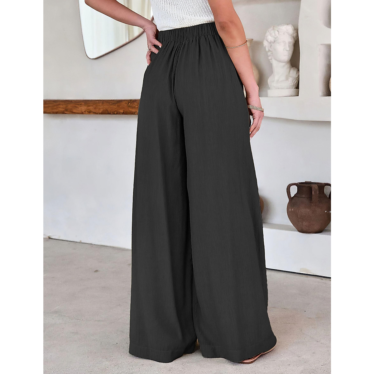 MUSIDORA Plus Size Wide Leg Pants for Women Black Palazzo Pants for Women Linen Casual Beach Flowy Loose Pants Petite (Black XL)