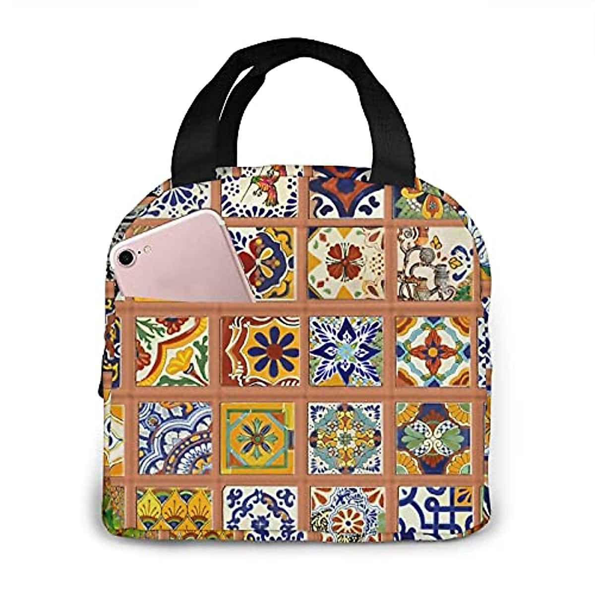 TTLIVEVIP Yellow Lunch Bag for Women, Insulated Lunch Box Reusable Lunch Cooler Tote Bag Thermal Lunchbag for School Picnic Work, Mexican Tiles