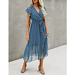 BTFBM Women Summer Bohemian Floral Casual Wrap V Neck Ruffle Cap Sleeveless Belt A-Line Pleated Hem Swing Midi Sun Dress (Swiss Dot Grey Blue, m)