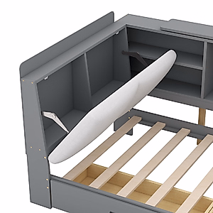 DNChuan Twin Size L-Shaped Daybed with Upholstered Storage Headboard and Underneath Drawers,Captains Bed with Bookcase,Rotatable Table Board,Gray