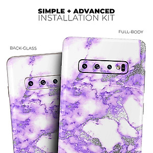 DesignSkinz Purple Marble & Digital Silver Foil V9 Protective Vinyl Decal Wrap Skin Cover Compatible with The Samsung Galaxy S20 (Screen Trim & Back Glass Skin)