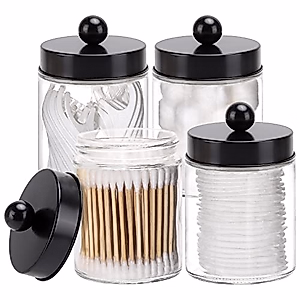 Tbestmax Glass Qtip Holder Dispenser, 10-Ounce Bathroom Containers Apothecary Jars with Metal Lids for Cotton Ball Swab Pad, Black (4 Pack)