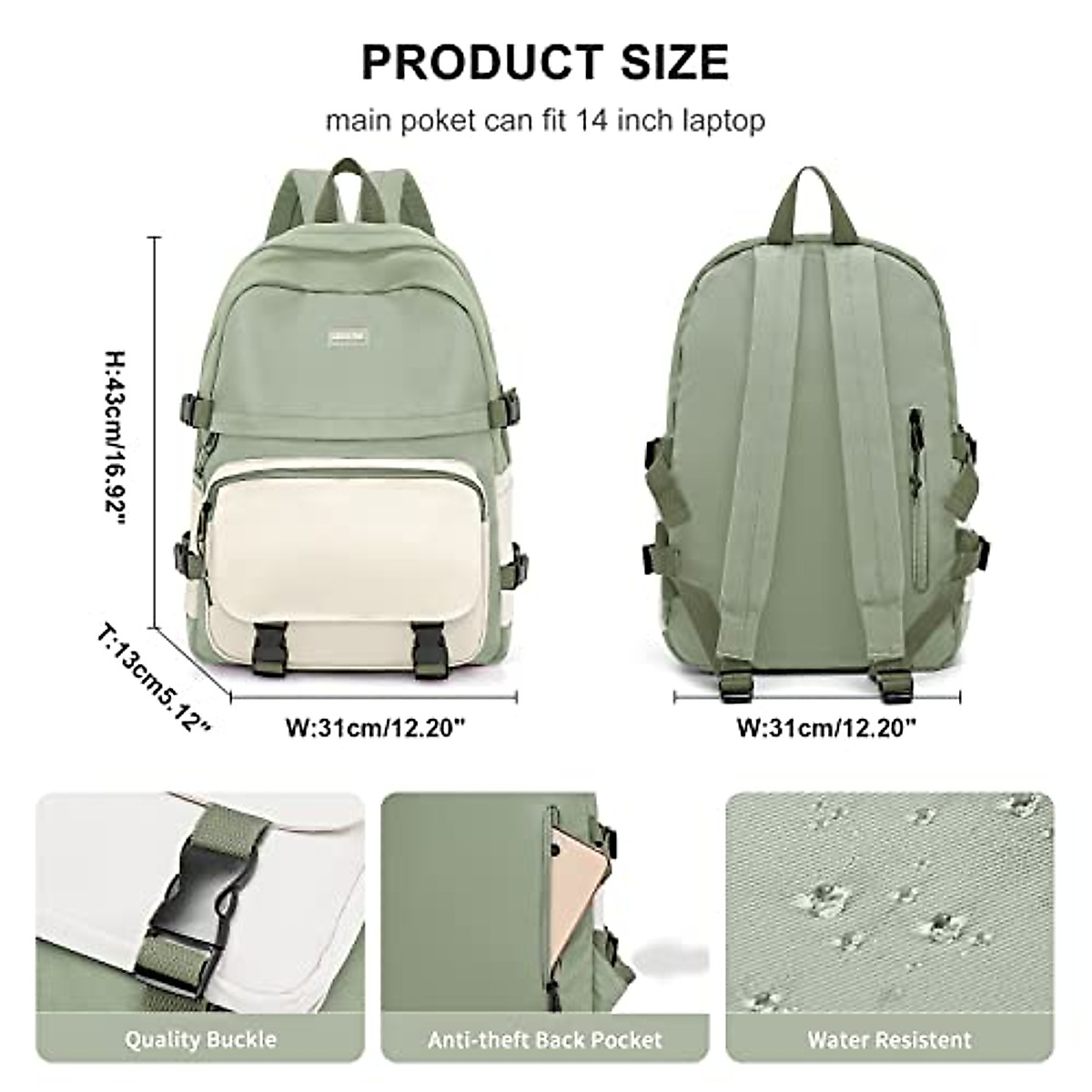 weradar Lightweight backpack For Girls Middle School,cute College School Bags,14 Inch Laptop Bookbag Women,Travel Rucksack For Sports,carry on backpacks for High School(Green)