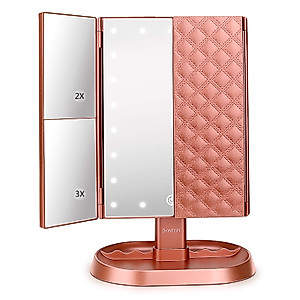 deweisn Trifold Lighted Vanity Makeup Mirror with 21 LEDs Lights,1x/2x/3x Magnification and Touch Screen Dimming,Two Power Supplies Makeup Mirror, Gift for Women