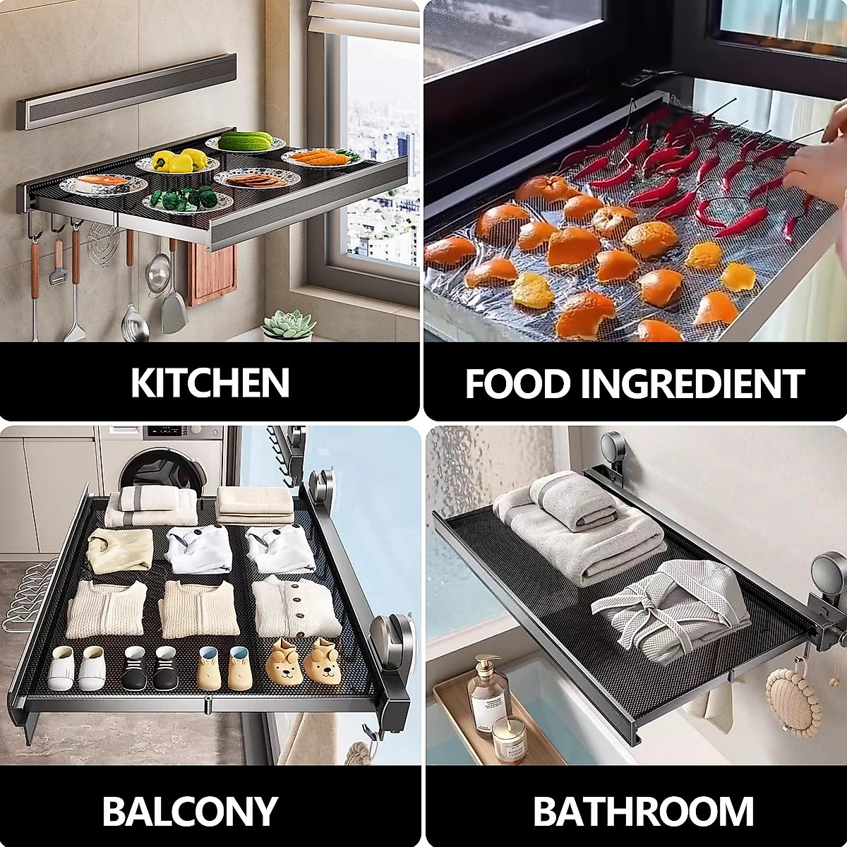 QUZIREVA Retractable Towel Racks for Bathroom Wall Mounted with Hooks Clothes Drying Rack Bathroom Shelf for Collapsible Towel Rack Foldable Towel Holder for Kitchen, Balcony Laundry Room