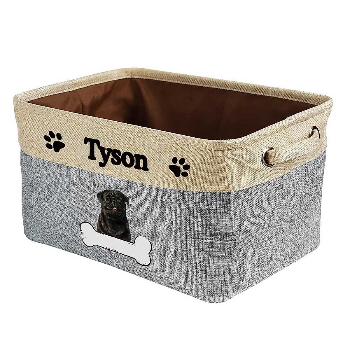 MALIHONG Personalized Dog Black Pug Bone Decorative Storage Basket Fabric Toy Box with 2 Handles for Organizing Closet Garage Clothes Blankets Grey and White