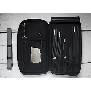 Asaya Chef Knife Bag - 28 Pockets for Knives and Kitchen Utensils - Durable Ballistic Nylon, Black Stainless Steel Hardware, Card Holder and Adjustable Shoulder Strap - Knifes not Included