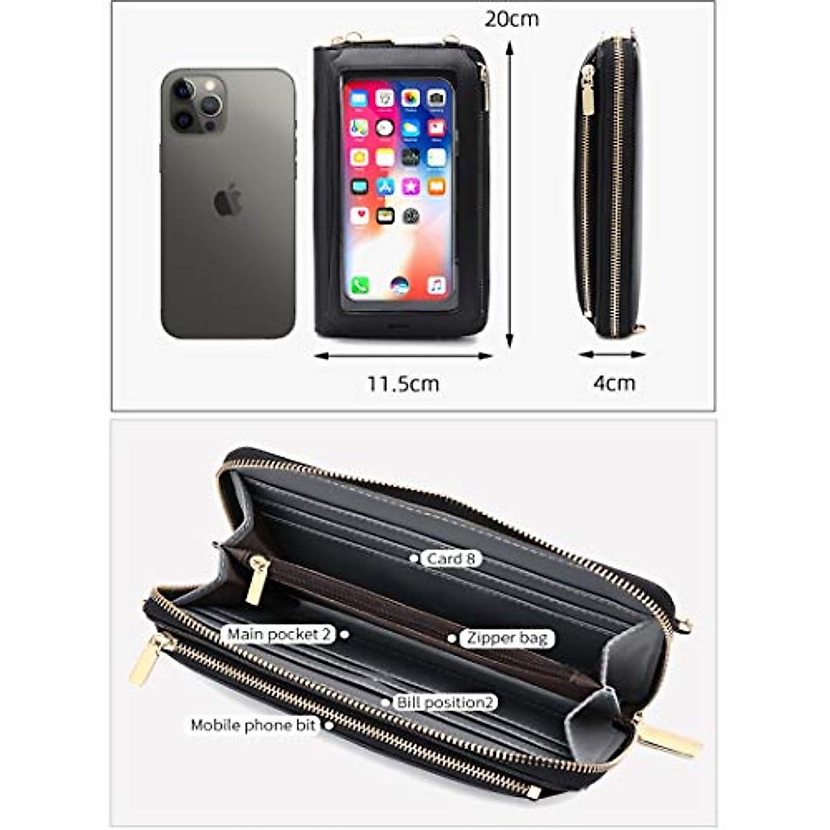 RFID Blocking Touch Screen Phone Bag Small Crossbody Bag Shoulder Handbag Wristlet for Women (E4 Black - Touch Screen)