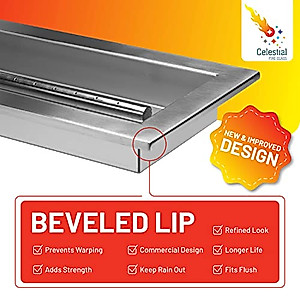 Celestial 36" x 6" Commercial Grade Linear Drop-in Fire Pit Pan w/Burner, 16 Gauge Stainless Steel, 65,000 BTU, Beveled Lip for Extra Strength, Natural Gas or Propane, for DIY Outdoor Gas Fire Pits