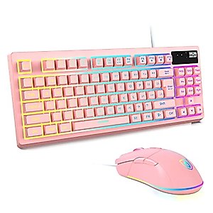 RGB Pink Gaming Keyboard and Mouse Combo,87 Keys Gaming Keyboard Wired RGB Backlit Gaming Keyboard Mechanical Feeling with RGB 7200 DPI Pink Gaming Mouse Set for PC MAC PS4 Xbox Laptop