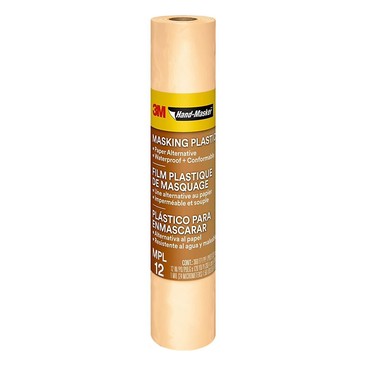 3M Hand-Masker Masking Plastic, 12 in x 120 yds, Easy To Wrap Around Objects, No Paint Bleed-Through, Minimize Messy Clean-Up, Waterproof, 1 Roll (MPL12)
