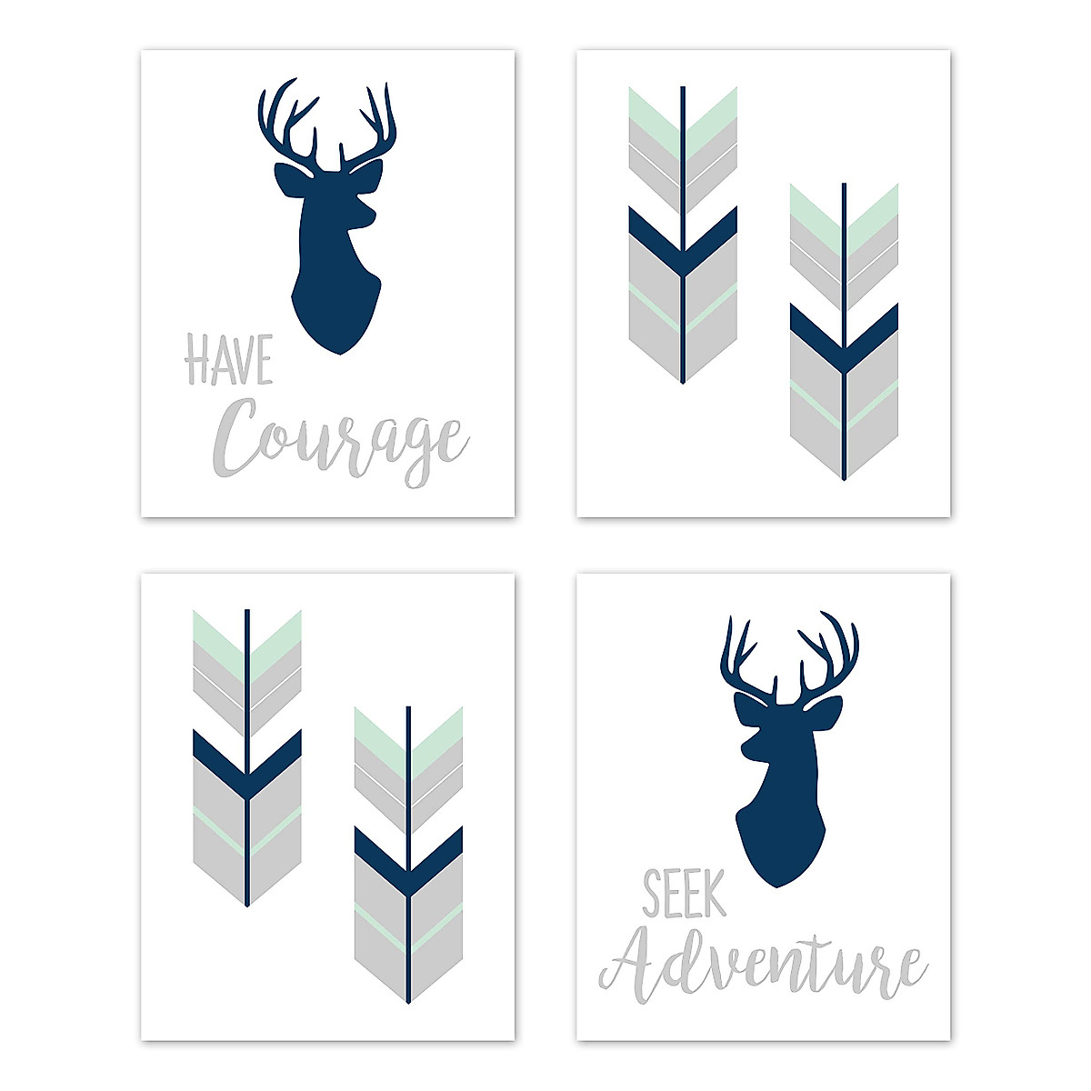 Sweet Jojo Designs Navy Blue, Mint and Grey Woodland Deer Wall Art Prints Room Decor for Baby, Nursery, and Kids for Woodsy Collection - Set of 4 - Seek Adventure Have Courage