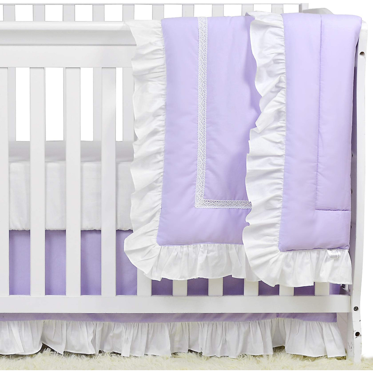 Brandream Luxury Purple Crib Bedding Set for Girls Elegant Princess Nursery Bedding Solid Sweet Ruffle Comforter 3 Piece, 100% Cotton