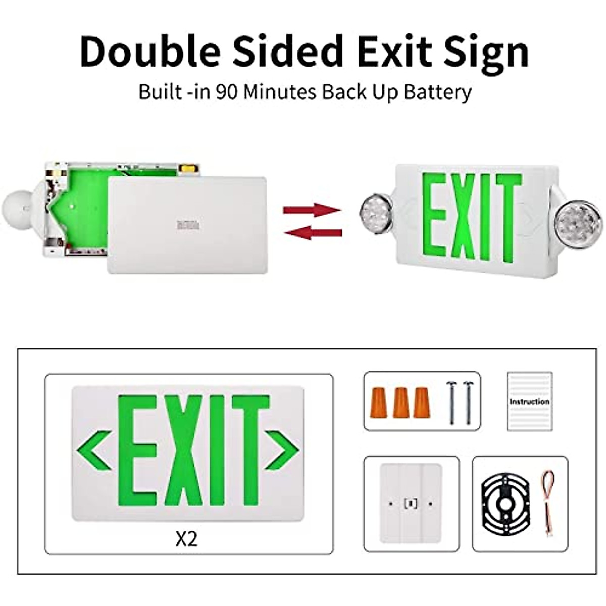 JW LIGHTING LED Exit Signs with Emergency Lights, Double Sided Adjustable LED Emergency Combo Light with Backup Battery, Hard Wired, Commercial Grade, 120-277V, Fire Resistant (UL 924) Green 6 Pack