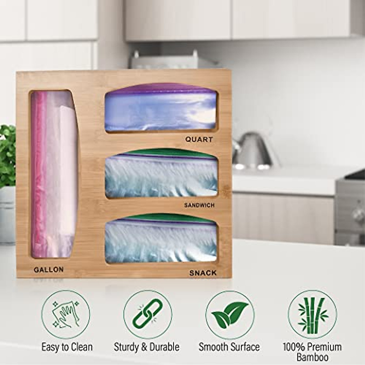 Bamboo Bag Organizer for Drawer and Wall , Sandwich Bag Organizer Bundled with Baggie Holder , 4 Slots Food Storage Bag Holder , Baggie Organizer Set , Natural Bag Storage Organizer with Black Labels