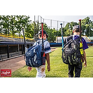 Rawlings Savage Youth Baseball Bag - Kids Bat Bag – Durable Baseball Backpack – Holds Two Bats – Includes Hook to Hang on Fence - Black/Volt
