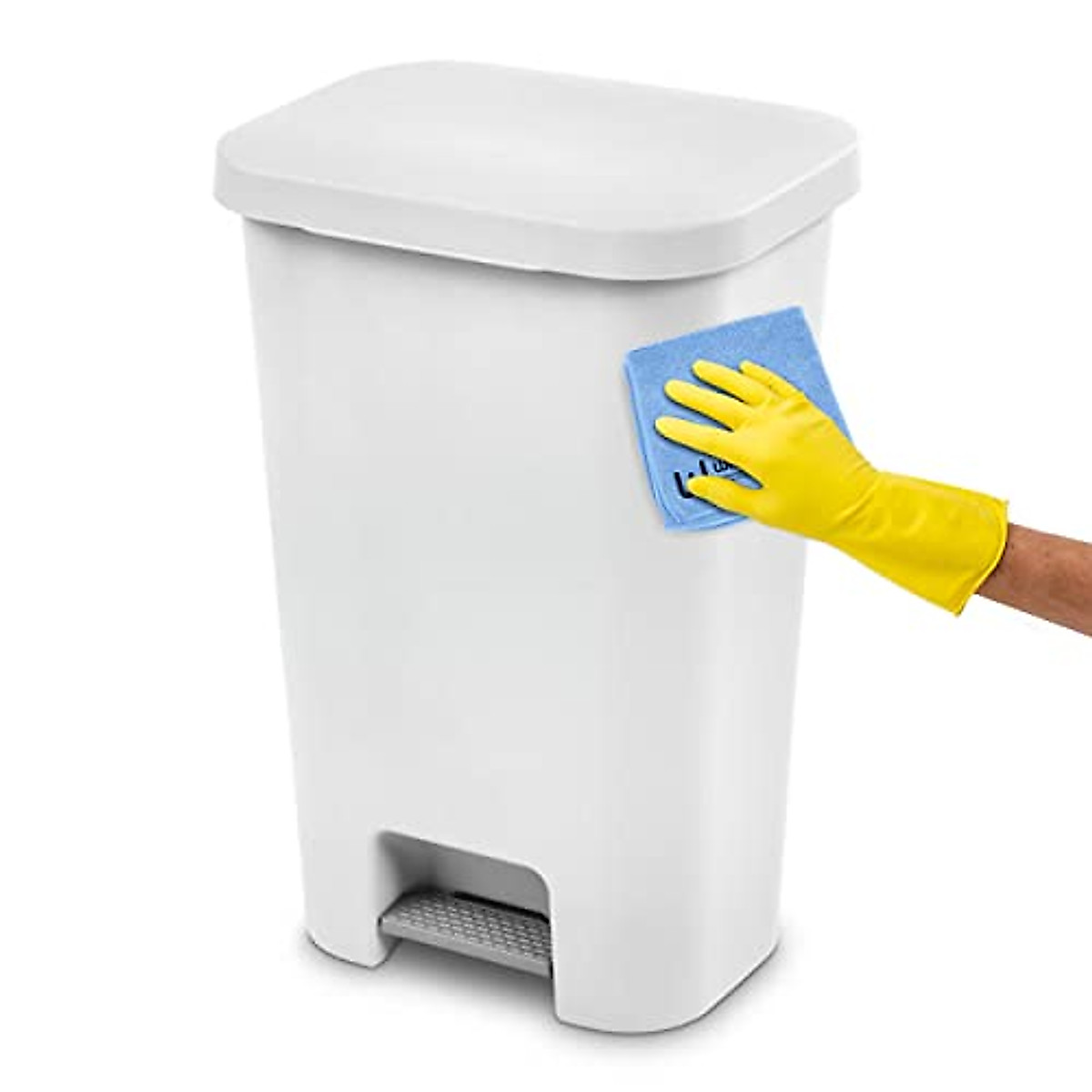 Sterilite 11.9 Gallon Trash Can with Lid, Step-on White Kitchen Garbage Can for Bathroom, Bedroom, Home, and Outdoor, Wholesalehome Cleaning Cloth Included