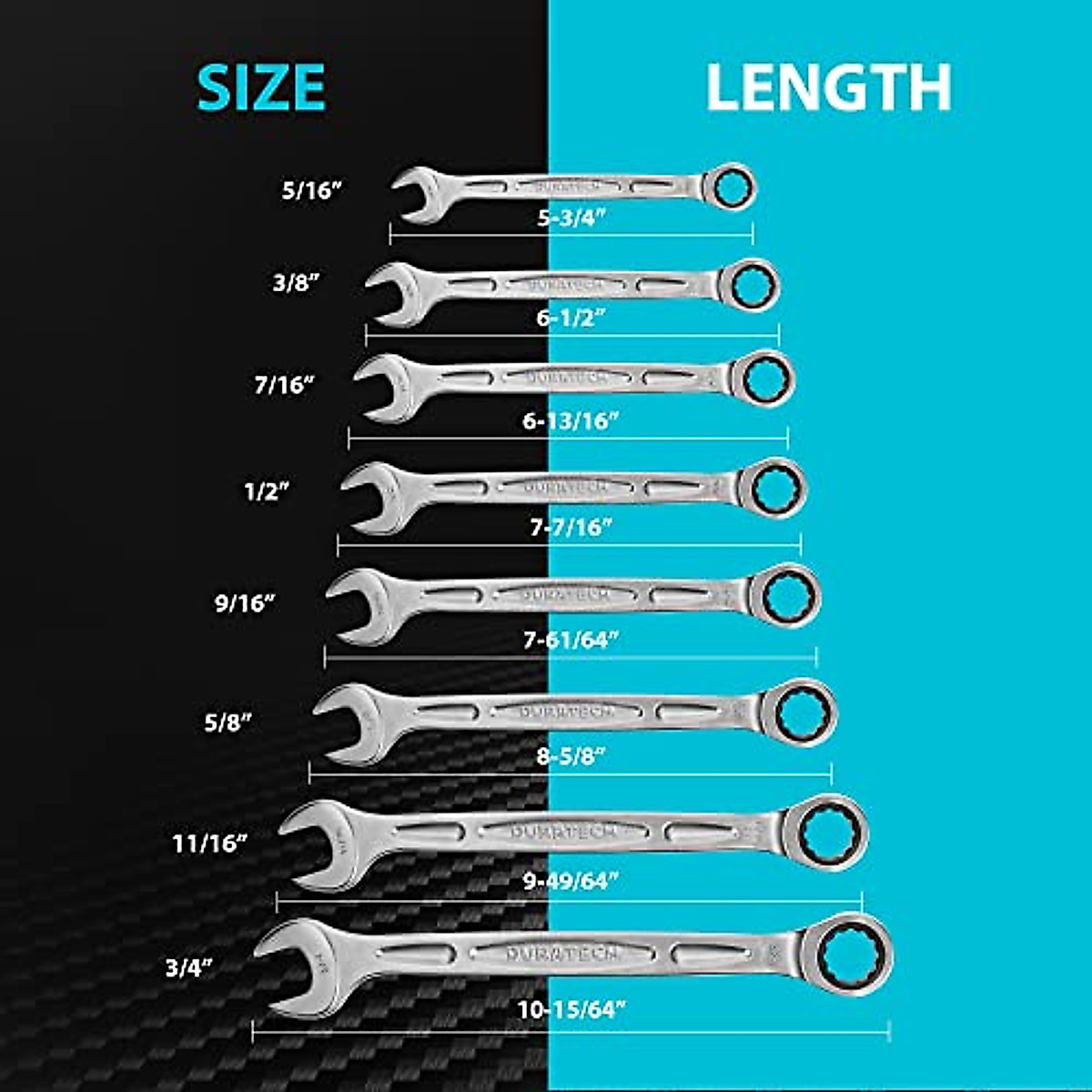 DURATECH Ratcheting Combination Wrench Sets, SAE 5/16" to 3/4" open end wrench set, 8-Piece, 90-Tooth, Chrome Vanadium Steel with Heat Treatment, Sand Blasting and Bright Chrome Plating Box Wrench Set