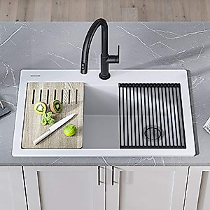 KRAUS Bellucci Workstation 33 in. Drop-In Granite Composite Single Bowl Kitchen Sink in White with Accessories with WasteGuard™ Continuous Feed Garbage Disposal, KGTW1-33WH-100-75MB