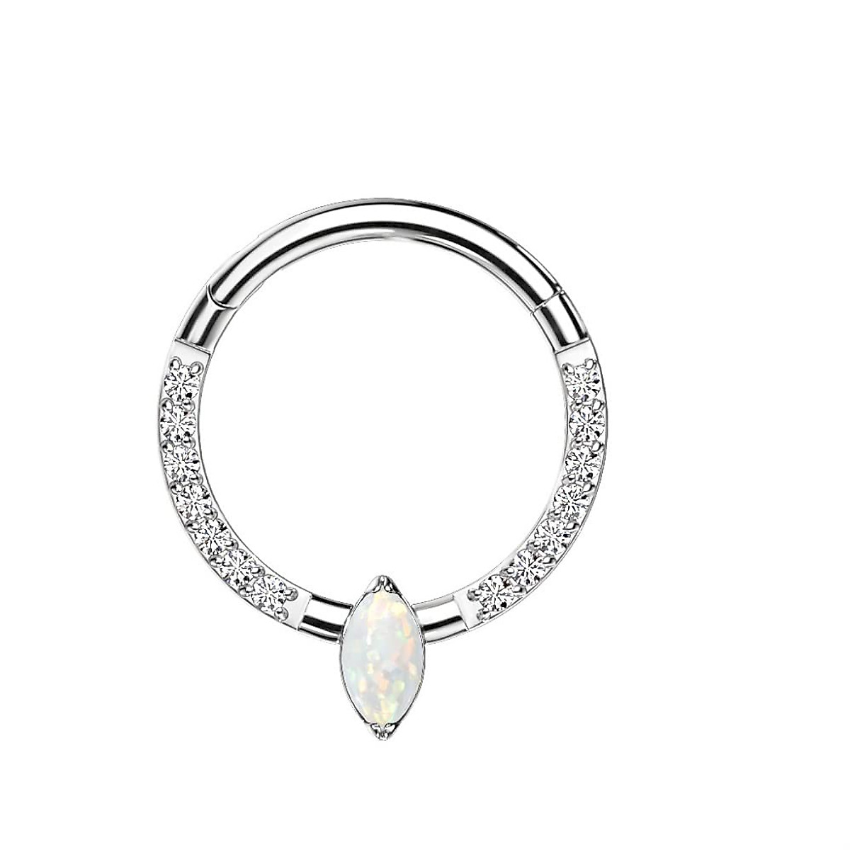 Pierced Owl 16GA G23 Implant Grade Titanium Marquise Opal Center with CZ Crystal Paved Sides Hinged Segment Ring (Silver Tone)