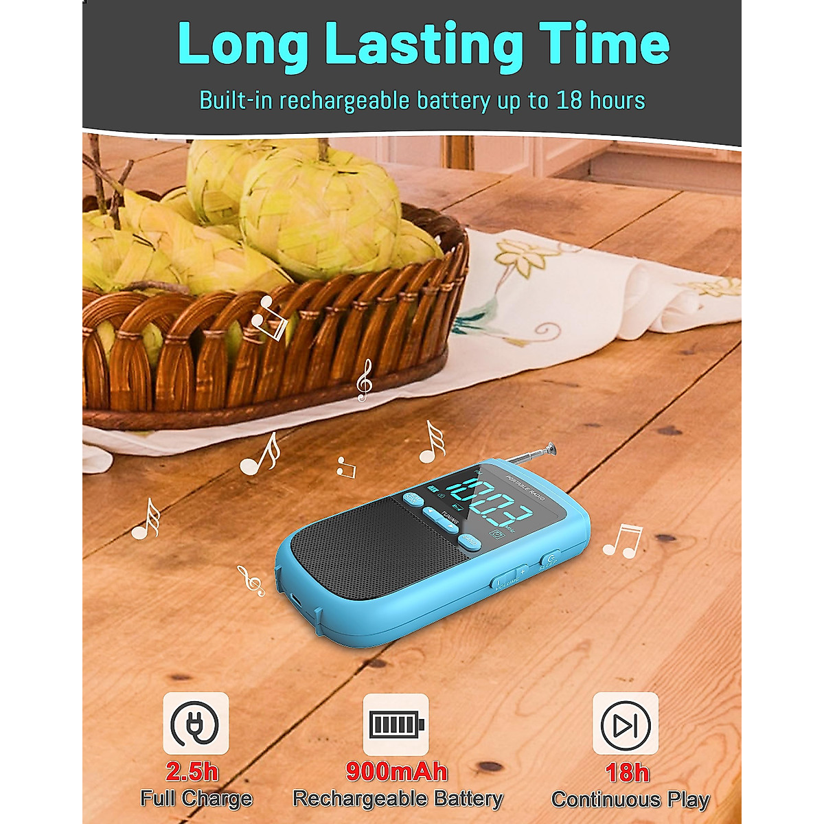 Sunoony Portable Radio AM FM, 900mAh Rechargeable Battery Personal Pocket Radio with Best Reception, Clearly LCD Screen, Earphone Jack, Time Setting Transistor Radio for Home & Outdoor, Walking (Blue)