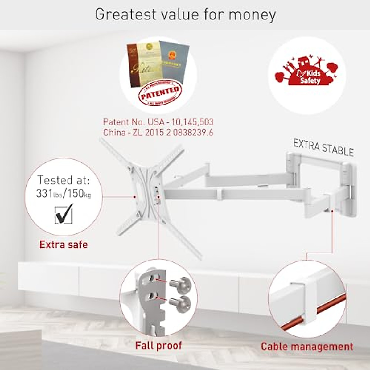 Barkan 40" Long White TV Wall Mount, 13 - 80 inch Dual Arm Full Motion Articulating - 4 Movement Flat / Curved Screen Bracket, Holds up to 110lbs, Extra Stable, Fits LED OLED LCD