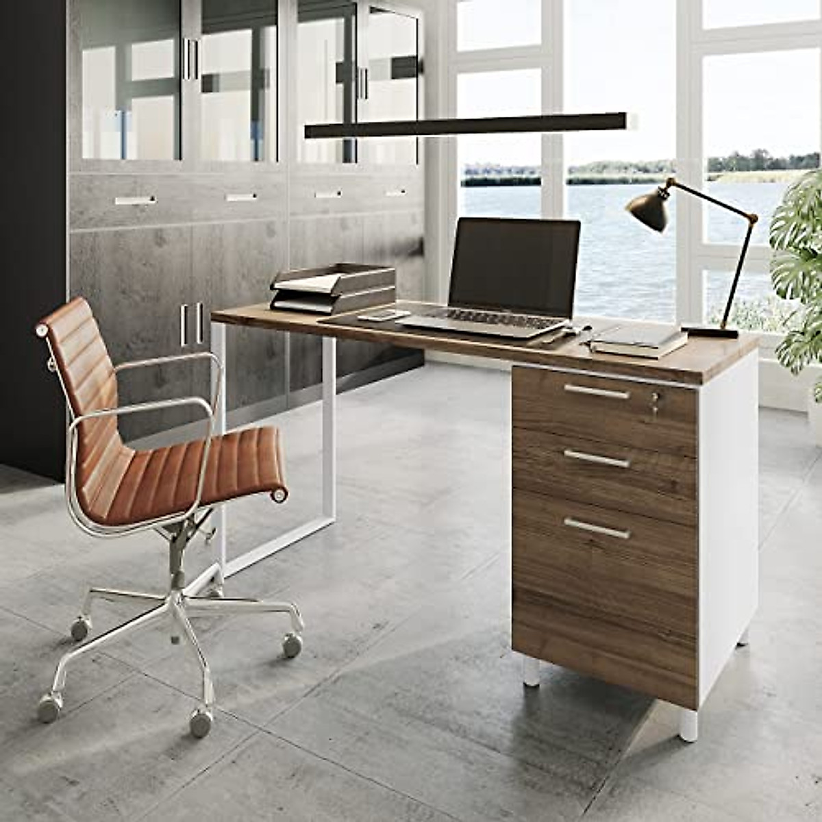 Milano Home Office Desk - 47Inch Cass Walnut/White Home Office Desk with Drawers - Modern Computer Desk with Storage, Detachable & Lockable Computer Cabinet - Wooden Office, Study, and Writing Table