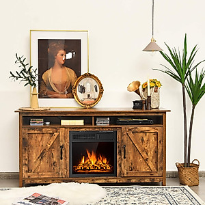 Tangkula Industrial Fireplace TV Stand for TVs Up to 65 Inches, Entertainment Center w/ 1500W Fireplace, Fireplace Media Console Table, Electric Heater w/Adjustable Brightness & Remote (Brown)