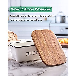 Butter Dish with Lid for Countertop - Large Ceramic Butter Container Holder with Acacia Wooden Lid for Counter - For Modern Kitchen Decor and Accessories - White