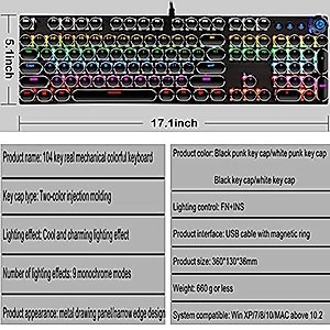 Jamerxie Typewriter Keyboard, RGB Mix Colour Punk Mechanical Keyboard, 104-key Light up Gaming Retro Keyboard with Wired USB for Computers, White/Black (Black Punk)