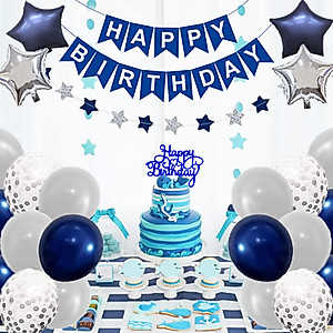 G-LOVELY'S Navy Sliver Birthday Decorations Set with Happy Birthday Balloon Letters Banner, Confetti Balloons, Fringe Curtain, Men Women Boys Girls Navy Blue Silver Birthday Party Supplies