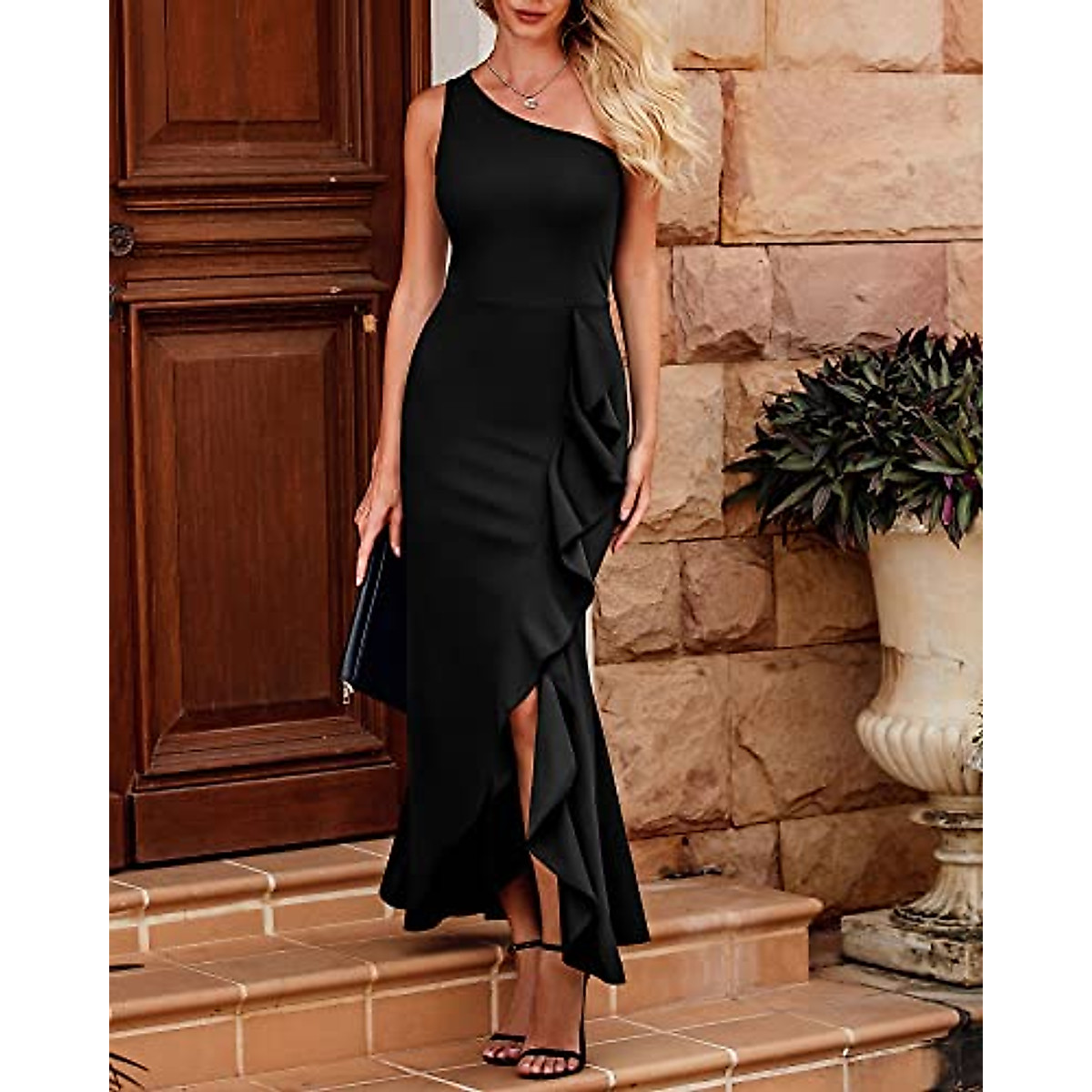 BTFBM Women One Shoulder Dresses Sleeveless Cocktail Bodycon Mermaid Ruffle Side Split Formal Party Long Evening Dress(Solid Black, Large)