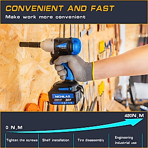 Nichilas Cordless Impact Wrench, 2 IN 1 Screwdriver Head, 21V electric power wrench, 420Nm High Torque, 4 Pole Motor, Include Battery & Charger & Carrying Plastic Box