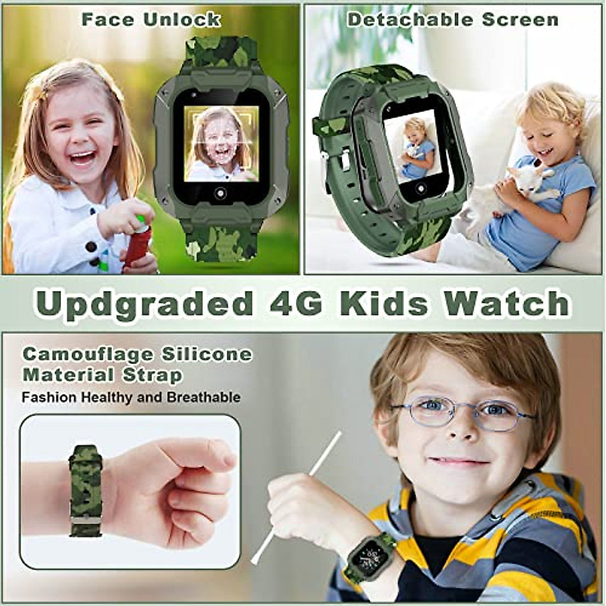 4G Kids Smart Watch Phone, Camouflage Boys Girls Water Resistant Watch with GPS Tracker and SIM Card, Voice & Video Chat, Alarm, Face Unlock Detachable Screen WiFi Wrist Watch for Kids (Green)