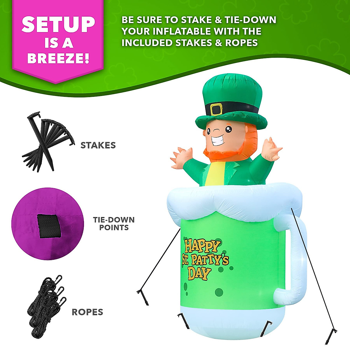 Holidayana 9ft St Patricks Day Inflatable Leprechaun Beer Mug - St Patty’s Leprechaun Coming Out of Beer Blow Up Yard Decoration, Includes Built-in Bulbs, Tie-Down Points, and Powerful Built-in Fan