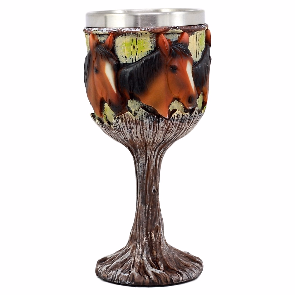 Ebros Gift Equine Beauty Wild Horses Wine Goblet 7oz Chalice Cup In Rustic Wood Bark Roots Design