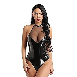 Sexy Lingerie For Women Women'S Latex Swimsuits Wetlook Leather Swimwear Mesh Patchwork High Cut Bodysuit Gymnastics Le Black
